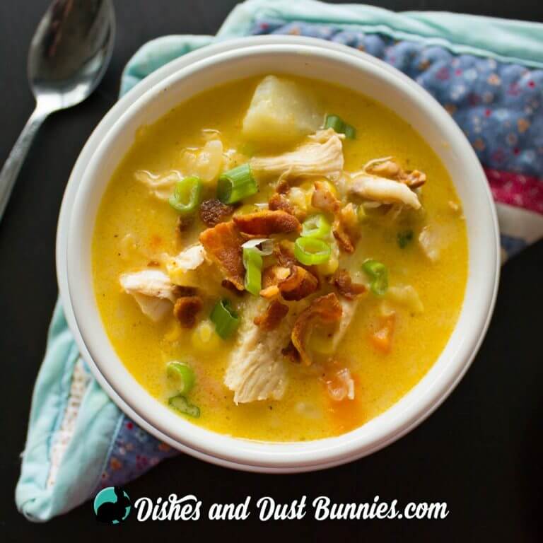 Chunky Chicken & Corn Chowder with Bacon - Dishes & Dust Bunnies