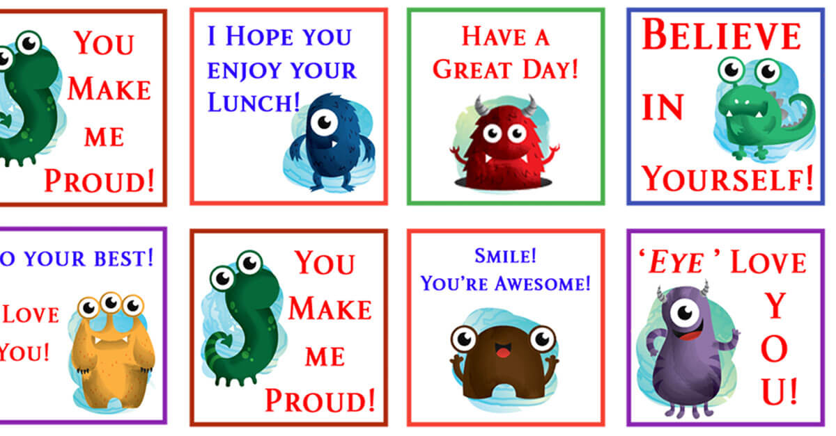 Free Printable Monster Themed Lunch Box Notes for Kids - Dishes & Dust ...